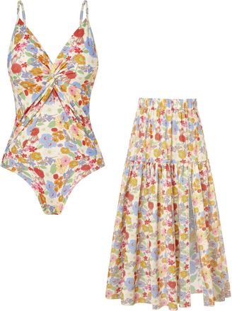 Grace Karin Plus Size Wickelrock Bikini Set Blumenmuster Verst&auml;rkte B&uuml;gel Halt Kurven Beige-kleine Blumen M