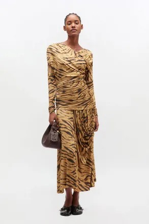 Ganni Robe froncée à imprimé zébré Khaki Élasthanne - Taille 42