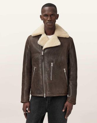 AllSaints Xylon - Blouson style motard en imitation peau de mouton - Marron &eacute;corce-Brown