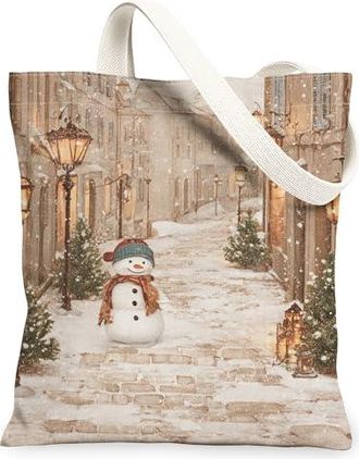 Generic Sacs fourre-tout en toile motif bonhomme de neige dhiver, sc&egrave;ne de vacances festive, sacs r&eacute;utilisables, en lin confortable, l&eacute;ger et lavable, bandoul