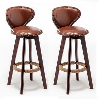 Generic Barhocker, Barstuhl aus Holz mit R&uuml;ckenlehne und Fu&szlig;st&uuml;tze, Kunstleder, 2er-Set Vintage-Bauernhaus-Thekenhocker, K&uuml;chenst&uuml;hle/70 cm