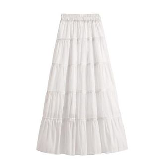 Generic Jupe maxi pour femme smock&eacute;e taille haute fluide &agrave; volants coupe A ligne longue jupe de plage pour femme avec noeud, Blanc., taille unique