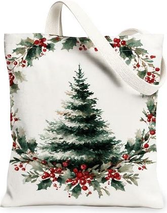 Generic Sacs fourre-tout en toile de No&euml;l, motif arbre de vacances, sacs de courses respectueux de lenvironnement, rustique, festif, l&eacute;ger, lavable &agrave; l&eacute;paule 