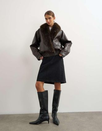 Topshop bomber en imitation cuir avec bordure en faux-fur marron