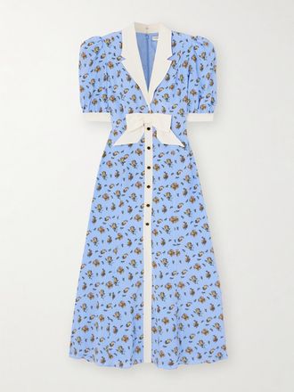 Alessandra Rich Midikleid Aus Seidensatin Mit Blumenprint Und Schleife - Blau