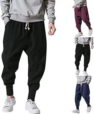 Generic Pantalon en lin et coton pour homme, pantalon d&eacute;t&eacute; confortable en coton et lin avec cordon de serrage, taille &eacute;lastique avec poches, pantalon de joggi