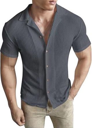 Generic T-shirt côtelé pour homme, coupe ajustée, extensible, rafraîchissant, à manches courtes, revers décontracté, boutonné, en tricot de coton, chemise tex