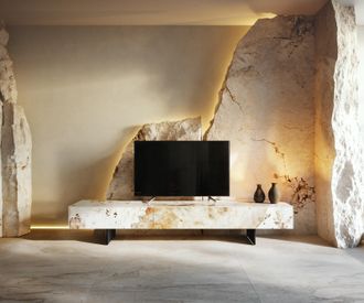 DELIFE Lowboard Cuor 200 cm Keramik Minas Melange Wei&szlig;-Beige 1 Klappe 1 Schubfach Fu&szlig; Schwebeoptik Metall Schwarz, Lowboards