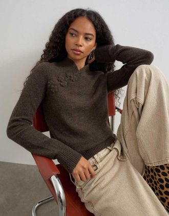 Topshop top en maille c&ocirc;tel&eacute;e profonde avec col mao et manches longues en laine, anthracite-Gris