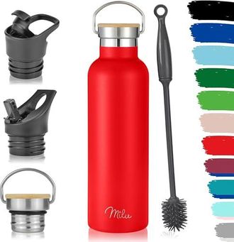 Milu Bouteille en acier inoxydable 350ml, 500ml, 750ml, 1l (+3 couvercles) - Bouteille thermo avec paille, bouteille deau, pour boissons chaudes, froides e