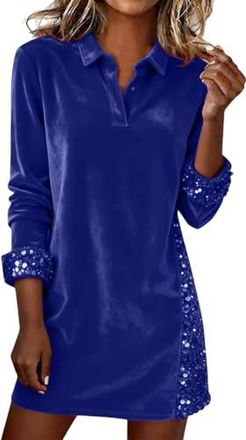 Generic Robe chemise en velours &agrave; paillettes pour femme, manches longues, revers ample et confortable, robe pull &agrave; paillettes, bleu, XXL
