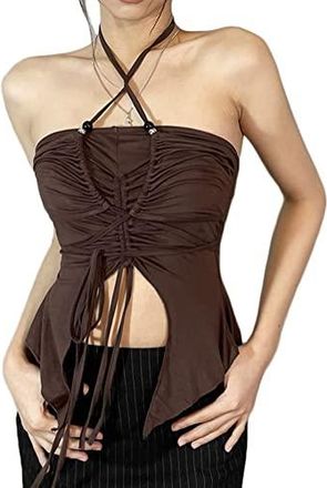Onsoyours Haut Court Dos Nu pour Femme Débardeur Crop Top sans Manches Pull Sexy Cut-Out Mode Couleur Unie Slim Fit Y2K Tank Top Débardeur Streetwear I Marron L