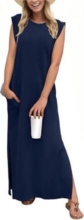 Generic Robe longue d&eacute;t&eacute; d&eacute;contract&eacute;e sans manches pour femme 2026 - Coupe ample et tendance - Pour les vacances et la plage, bleu marine, XXL