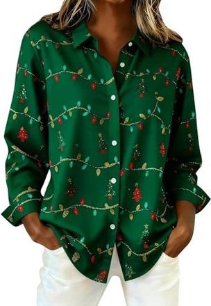 Generic Chemisier &agrave; manches longues pour femme - Col en V - Boutonn&eacute; - Imprim&eacute; tendance - T-shirt &agrave; manches longues - Chemise d&eacute;contract&eacute;e - Coupe ample - Che