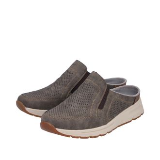 Rieker Clog RIEKER, Herren, Gr. 45, grau (braun), Lederimitat, Schuhe Clog, Sommerschuh, Hausschuh mit seitlichen Stretcheins&auml;tzen