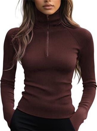 Generic Pull &agrave; col roul&eacute; c&ocirc;tel&eacute; pour femme - Couche de base thermique &agrave; manches longues - Tenue dautomne tendance, Rouge, XXL