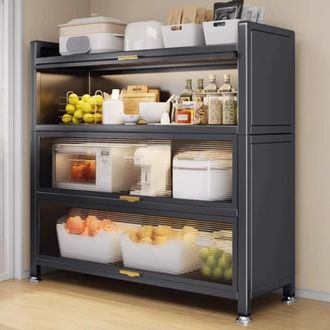 Generic BäCkerregal Mit KlapptüRen, MikrowellenstäNder Mit Eingebauter Rolle for TöPfe, Besteck, Kaffeemaschine (Weiß/Schwarz)