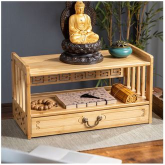 Generic 3-Stufiger Altartisch mit Schublade Puja-Tisch Nat&uuml;rlicher Bambus-Schrein-Tisch f&uuml;r Spirituelle Meditationstisch Orientalischer Gebetstisch Schrank zu