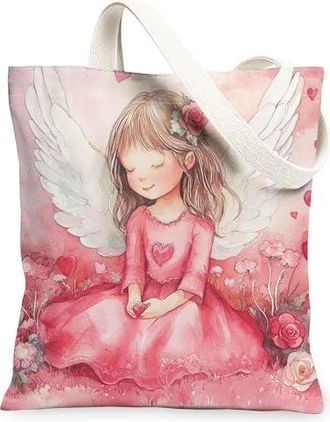 Generic Sac fourre-tout en toile avec motif ange de dessin anim&eacute; pour la Saint-Valentin, 33 x 38 cm, amusant et romantique, motif coeur, r&eacute;utilisable, pour fe
