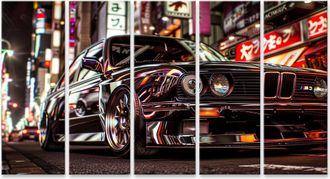Islandburner Prime Bild auf Leinwand Klassischer BMW in n&auml;chtlicher Stadt Japan f&uuml;r Wohnzimmer Autofans Autoshowroom Bilder Wandbilder Poster