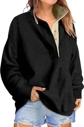 Generic Sweat-shirt d&eacute;contract&eacute; &agrave; boutons pour femme, pull surdimensionn&eacute; &agrave; manches longues, coupe ample, haut dautomne doux, Noir, 3XL