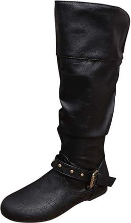 Generic Bottes r&eacute;tro pour femme/hiver : bottes hautes avec sangle, boucle, bout rond et bande d&eacute;corative 42 femme, Noir, 40 EU