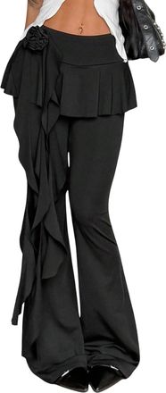 SOLY HUX Damen Schlaghose mit Rock Y2K Gothic Lange Hose Western Streetwear Freizeithose Herbst Partyhose Festival Outfit mit Blumendeko Schwarz S