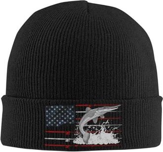 Generic Bonnet P&ecirc;che R&eacute;tro Drapeau Am&eacute;ricain Alligator Gar Classique Casquette De Cr&acirc;ne &Agrave; Revers Unisexe Bonnet en Tricot pour Sport Course &Agrave; Pied Homme