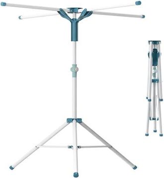 Relaxdays Wäscheständer, klappbar, höhenverstellbar, 80-200 cm, 4 Trockenstangen, Camping, Wäschespinne, weiß/blau