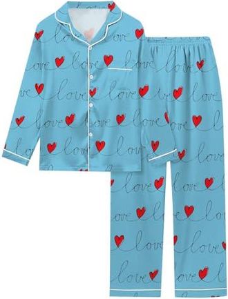 Generic Ensemble de pyjama &agrave; manches longues imprim&eacute; en forme de coeur pour la Saint-Valentin 2026, bleu ciel, XXL