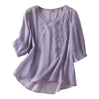 Generic Chemisiers en lin pour femme &agrave; manches 3/4 vintage avec broderie boutonn&eacute;e et manches courtes - Hauts d&eacute;contract&eacute;s pour femme - V&ecirc;tements boh&egrave;mes, vio