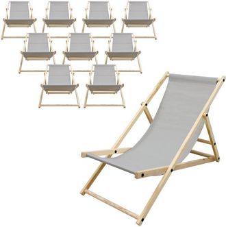 ECD Germany 10er Set Liegestuhl klappbar, Hellgrau, Holz, verstellbare R&uuml;ckenlehne, 3 Positionen, bis 120kg, Sonnenliege Gartenliege Strandliege Strandstuhl