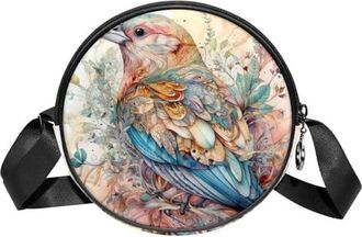 Generic Petit sac &agrave; bandouli&egrave;re circulaire pour femme, motif feuilles doiseaux aquarelle, petit sac &agrave; dos &agrave; bandouli&egrave;re avec fermeture &eacute;clair, bretelles r&eacute;gla
