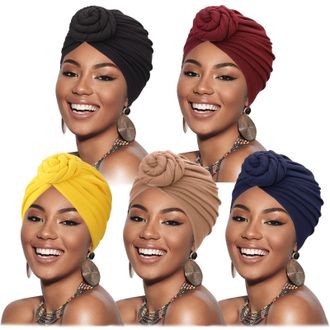 Dreshow 5 St&uuml;cke Afrikanischen Turban f&uuml;r Damen Soft Vorgebunden Knot Mode Plissee Turban Hut M&uuml;tze Kopfwickel Schlafm&uuml;tze