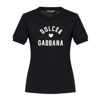 Dolce & Gabbana Femme, Tops, Noir, Taille: 38 FR T-shirt en jersey avec &eacute;cusson &agrave; lettres