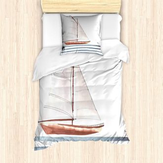Abakuhaus Nautisch Bettbezug Set, Thema Segeln Boot Wellen, Milbensicher Allergiker geeignet mit Kissenbez&uuml;gen, 135 cm x 200 cm - 80 x 80 cm, Zimt Blassblau