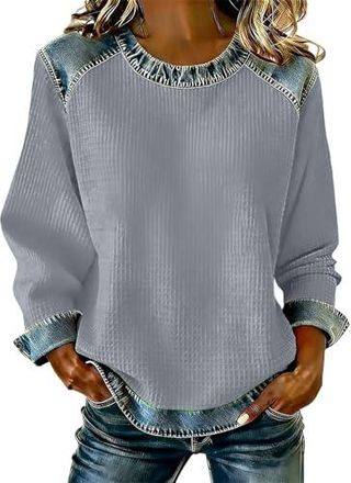 Generic Sweat-shirt &agrave; manches longues et col en jean pour femme - Haut d&eacute;contract&eacute; l&eacute;ger &agrave; manches longues - Pull tunique, Cendr&eacute; clair, 5XL