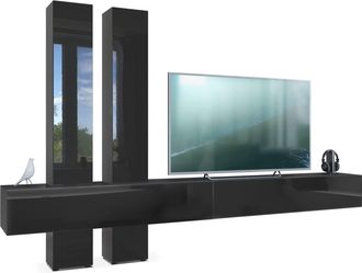 Vladon Wohnwand Moja, Made in Germany, Schwarz matt & Schwarz/Schwarz Hochglanz - Moderne Anbauwand für Ihr Wohnzimmer (BxHxT) 330 x 204 x 39 cm