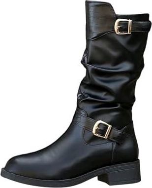 Generic Bottes mi-mollet pour femme &agrave; talon bas confortables pour lext&eacute;rieur - &Eacute;l&eacute;gantes - Fermeture &eacute;clair lat&eacute;rale - Boucle &agrave; talons &eacute;pais - Bottes d&eacute;quitat