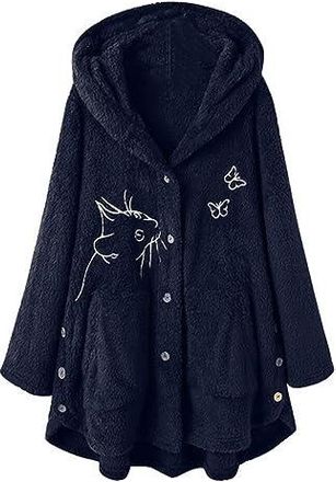 Generic Manteau en laine ample &agrave; capuche pour femmes - Veste dhiver d&eacute;contract&eacute;e - Bleu marine - Taille 4XL, bleu marine, 4XL