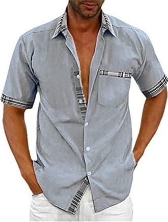 Onsoyours Chemise Homme Manches Courtes Business Regular Fit Carreaux Imprim&eacute; Plage D&eacute;Contract&eacute; Poche-Avant Tops Blouse Gris 3XL