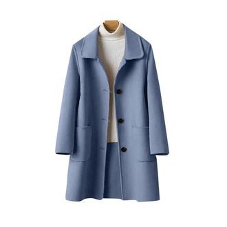 Generic Manteau en laine mélangée à simple boutonnage pour femme Trench coat mi-long avec poche, bleu, XL