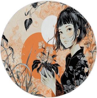 Generic Couleur Style Chinois Tapis Rond Salon, Fleurs Plantes Fille Impression Tapis de Sol Décoration Antidérapant pour Chambre Cuisine Balcon Terrasse Sall