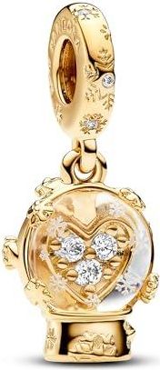 Pandora Pandora Moments Charm pendant Boule à neige Coeur en métal plaqué or 14 carats avec zircones cubiques transparentes et flocon de neige en verre de Mur