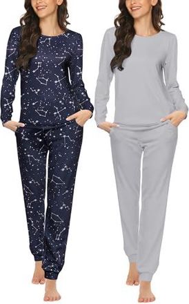Ekouaer Pyjama Femme Manches Longues Ensemble de Pyjama Col Rond Vêtement de Nuit Hiver Ensembles Longs 2 Pièces, Gris + Étoile, XL