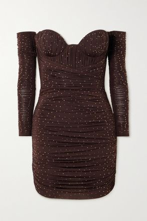 Alex Perry Koda Minikleid Aus Gerafftem Stretch-jersey Mit Kristallen Und Einem Paar Handschuhe - Braun