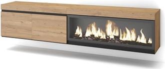 Skraut Home | TV-Schrank, Lowboard | f&uuml;r Wohnzimmer und Esszimmer | 210 | F&uuml;r TV-Ger&auml;te bis zu 80 | Elektrokamin XXL | H&auml;ngend | Moderner Stil | Eiche