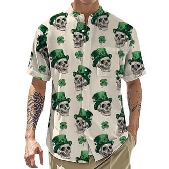 Generic Chemise de la Saint-Patrick pour homme | Col &agrave; bande Cr&acirc;ne Tr&egrave;fle &agrave; manches courtes Chemise boutonn&eacute;e V&ecirc;tements tendance | Pour les voyages, Herbe et 