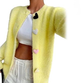 Generic Cardigan en tricot pelucheux pour femme, manches longues et l&eacute;g&egrave;res, boutons en forme de coeur sur le devant, col rond, pull court pelucheux, jaune, X