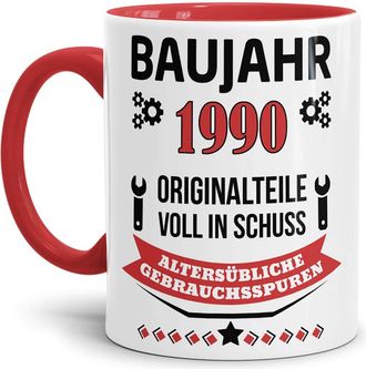Tassendruck Geburtstags-Tasse Baujahr 1990 Innen & Henkel Rot/Kaffee-Tasse/Mug/Cup/Becher/Lustig/Witzig/Fun/Geschenk-Idee/Geburts-Jahr/Scherz-Artikel/Geburtstags-